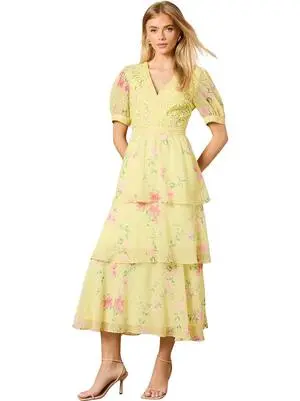 OASIS Floral Lace Tiered Midi Dress - Chartreuse