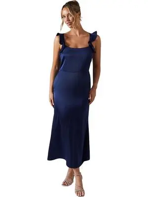OASIS Satin Ruffled Square Neck Midi Dress - Navy