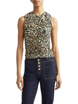 Ulla Johnson Annie Printed Ruched V-neck Jersey Top - Celestite