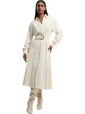 Karen Millen Tailored Crepe Belted Pleated Midi Shirt Dress - Ivory