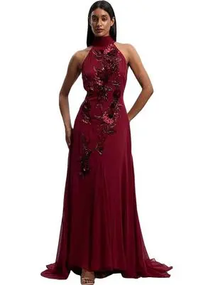 Karen Millen Feather Embellished Halterneck Maxi Dress - Wine