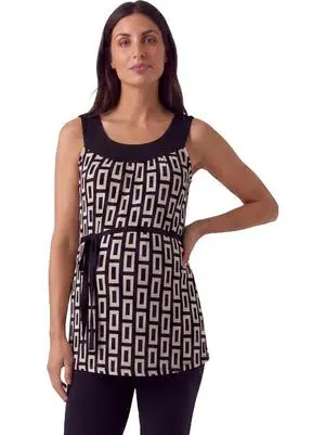 24SEVEN COMFORT APPAREL Maternity Geometric Print Sleeveless Scoop Neck Tunic With Waist Tie - Black Multi