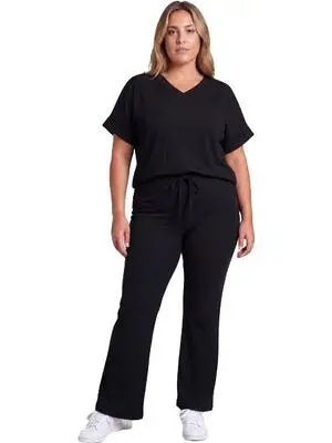 24SEVEN COMFORT APPAREL 24seven Comfort Apparel Ribbed Knit Dolman Sleeve V-Neck Top And Drawstring Wide Leg Pant Set Black