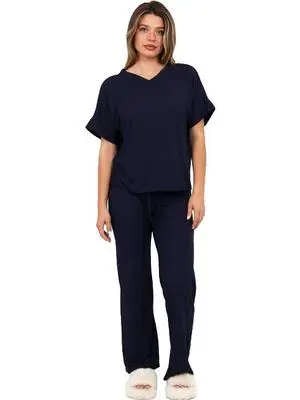 24SEVEN COMFORT APPAREL Ribbed Knit V-neck Dolman Sleeve Top And Drawstring Wide Leg Pant Set - Navy