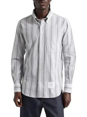 Thom Browne Straight Fit Stripe Cotton Button-down Shirt - Medium Grey