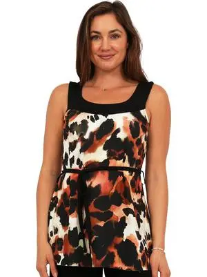 24SEVEN COMFORT APPAREL Sleeveless Scoop Neck Animal Print Waist Tie Tunic - White Multi