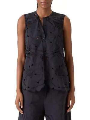 Akris Flower Eyelet Sleeveless Cotton Poplin Top - Black