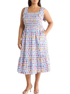 SUGARLIPS Geometric Print Smocked Midi Dress - Light-blue-multi