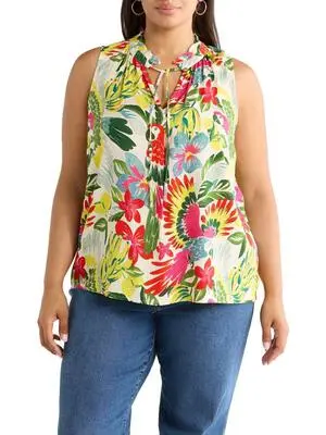 SUGARLIPS Sleeveless Tropical Print Tie Neck Top - Bright-multi