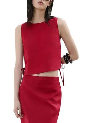 Mango Sleeveless Linen Top With Side Bow Detail - Red