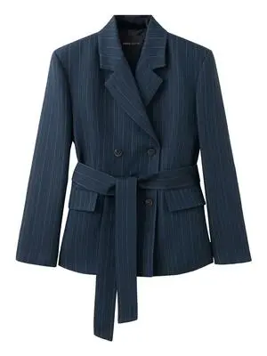 Mango Belted Double-breasted Pinstripe Blazer - Navy