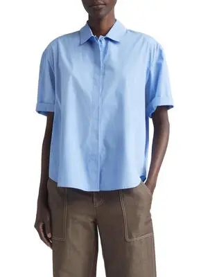 Lafayette 148 New York Organic Cotton Poplin Swing Shirt - Blue Hydrangea