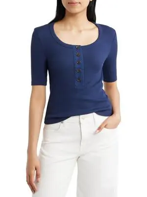MAVI Scoop Neck Henley Tee - Black Iris