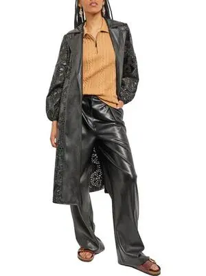 Misook Eyelet Open Front Faux Leather Longline Jacket - Black