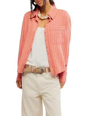 Free People Laurel Linen Blend Button-up Shirt - Cinnamon Combo