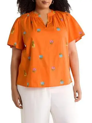 SUGARLIPS Floral Cotton Split Neck Top - Orange-multi