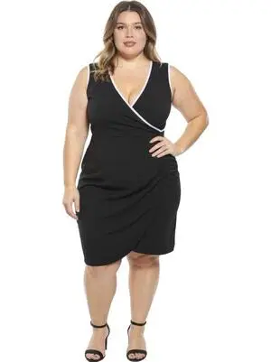 24SEVEN COMFORT APPAREL Sleeveless Faux Wrap Midi Dress With Tulip Hem - Black