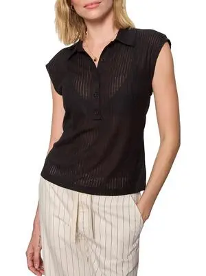 Sanctuary Ribbed Cap Sleeve Spread Collar Top - Black