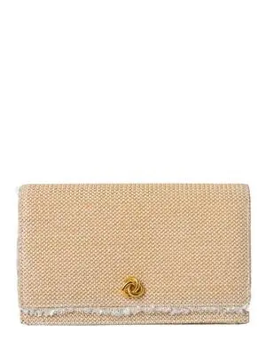 MICHELLE WILHITE Olivia Louise Raffia Clutch With Fringe And Gold Hardware - Sand