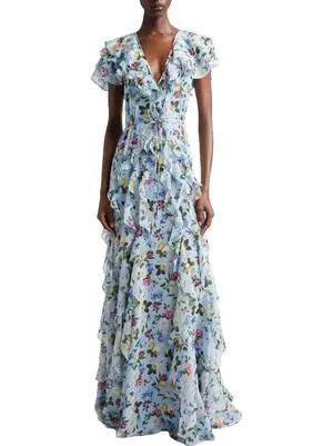 Carolina Herrera Floral Ruffle Silk Chiffon Gown - Cloudy Blue Multi