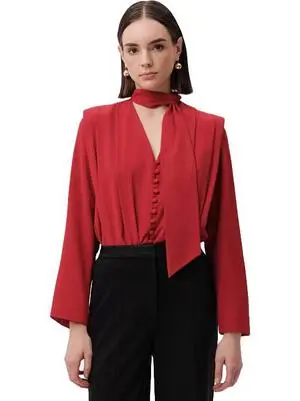 EXQUISE Draped Long Sleeve Bodysuit - Red