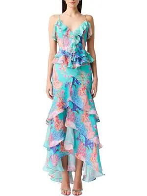 ELLIATT Coral Print Tiered High-low Gown - Blue Multi