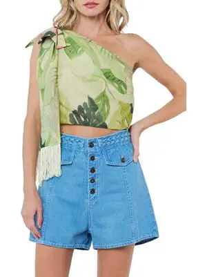 CIEBON Elsy Asymmetric Tropical Print Crop Top - Citron Multi