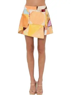 CIEBON Abstract Print Faux-wrap Skort - Yellow Multi
