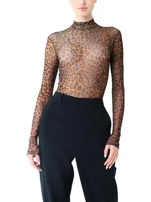 Lapointe Printed Mesh Mock Neck Bodysuit - Leopard
