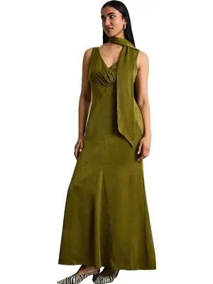 WAREHOUSE Maxi Dress With Scarf Detail - Olive