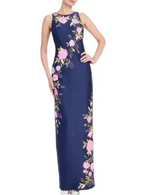 Badgley Mischka Floral Embroidered Column Gown - Navy