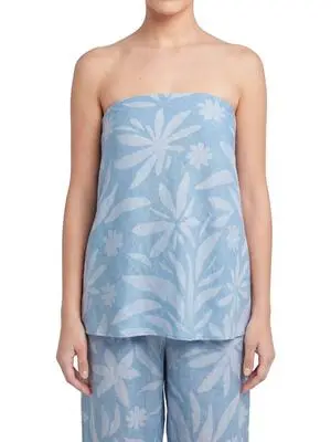 NUAJE NUAJE Rhea Strapless Printed Linen Top - Blue