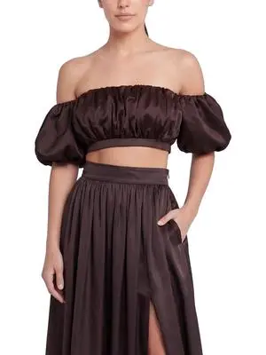 NUAJE NUAJE Isabelle Off-shoulder Puff Sleeve Crop Top - Brown