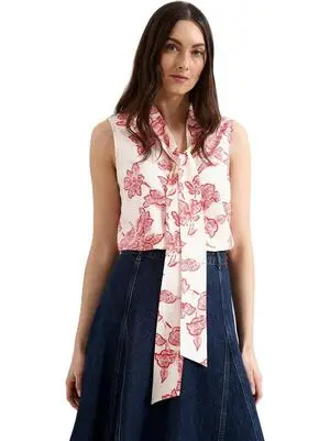 PHASE EIGHT Junie Floral Print Tie Neck Sleeveless Blouse - Red