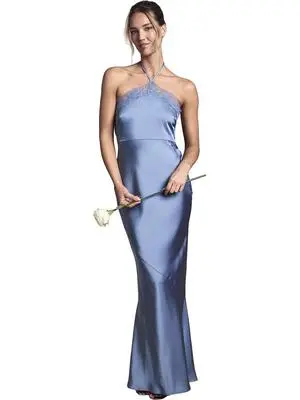 OASIS Halterneck Satin Maxi Dress With Lace Trim - Blue