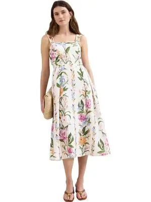 PHASE EIGHT Lucia Linen Blend Square Neck Midi Dress With Floral Print - Multi