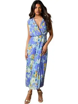 OASIS Petite Floral Print Pleated Wrap Maxi Dress - Blue