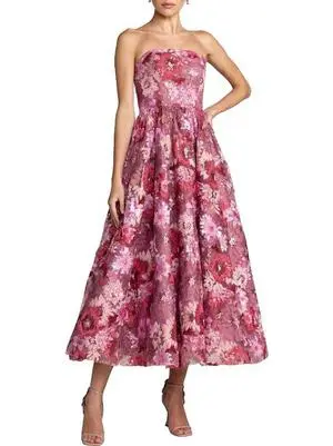 Mac Duggal Strapless Sequin Floral Midi Dress With Pockets - Pink Multi