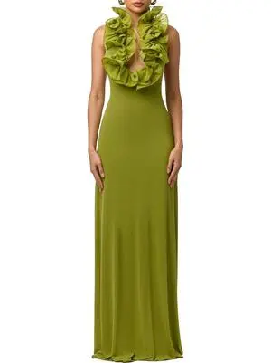 Naked Wardrobe Ruffled Plunge Halter Maxi Dress - Mojito