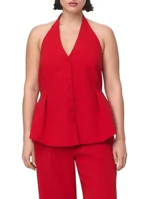 Mango Pleated Halter Peplum Top - Red