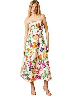 OASIS Floral Twill Strapless Midi Dress - Multi