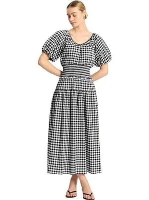 ALBARAY Gingham Blouson Sleeve Midi Dress - Black