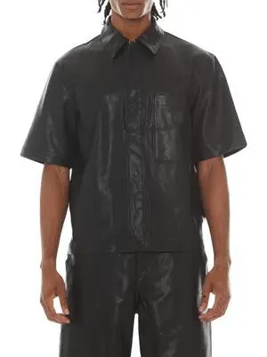 CULT OF INDIVIDUALITY Oversize Short Sleeve Faux Leather Button-up Shirt - Black