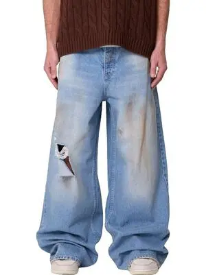 Mnml Baggy Distressed Rave Denim Jeans - Washed Blue