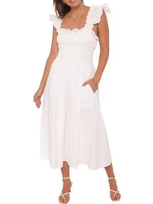 PETAL & PUP Bronte Ruffled Strap Midi Dress White