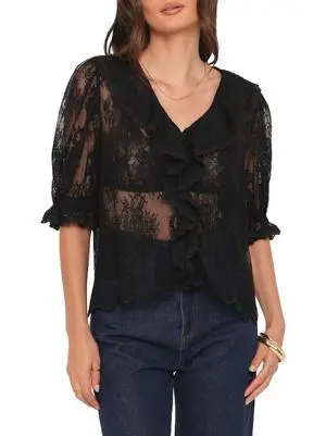 PETAL & PUP Lace Ruffle V-neck Top - Black