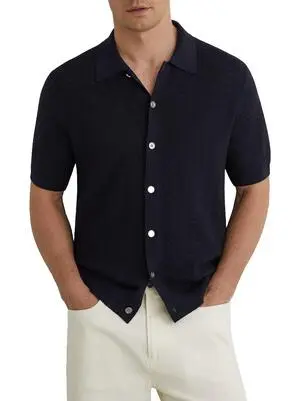 REISS Phoenix Chevron Knit Button-up Shirt - Navy