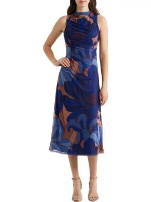 Vince Camuto Floral Print Ruched Mesh Midi Dress - Blue Multi
