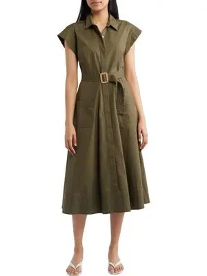 Eliza J Cotton Trapunto Stitch Belted Midi Shirtdress - Olive