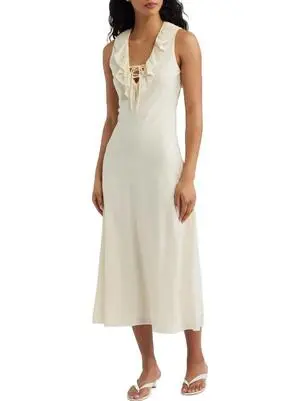Mango Ruffled Lace Trim V-neck Midi Dress - Vanilla